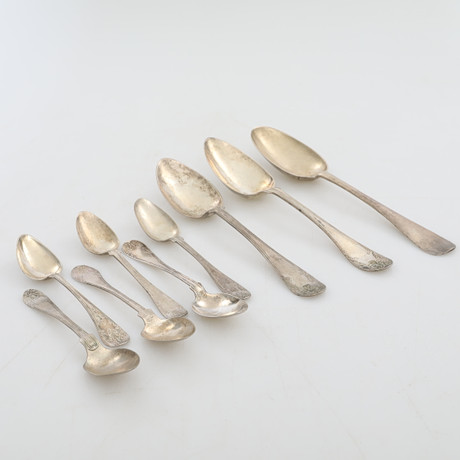 SILVER, 9 st skedar, Franska liljan, råttsvanssked, 1800-talets mitt ...