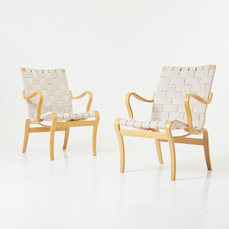 BRUNO MATHSSON. Armchairs "Mina" a pair, birch frame with upholstery ...