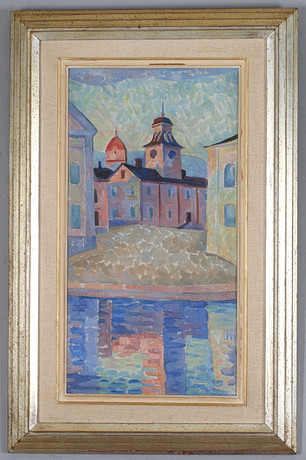 CURT RYDELL. Lila kyrka, olja på duk, uppfodrad, signerad. Konst ...