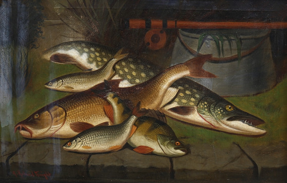 A. ROLAND KNIGHT. Stilleben med fisk, olja på duk, signerad, England ...