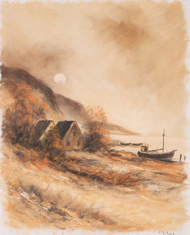 CARL JULIUS. Coastal landscape with houses, oil on canvas, signed C ...