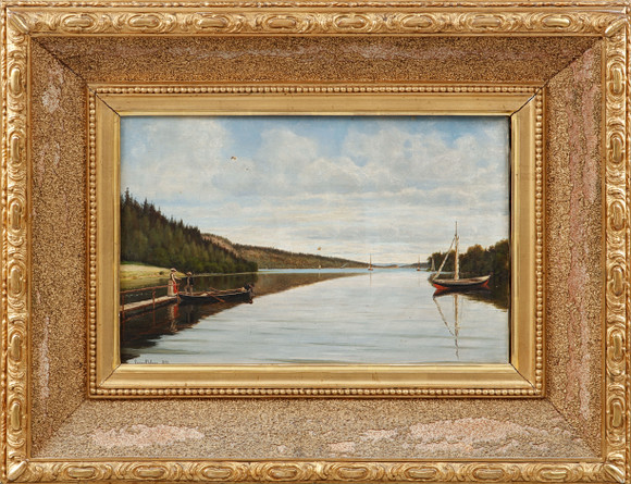 OSCAR OHLSON. järvimaisema henkilöstöhahmoilla etualalla, öljy ...