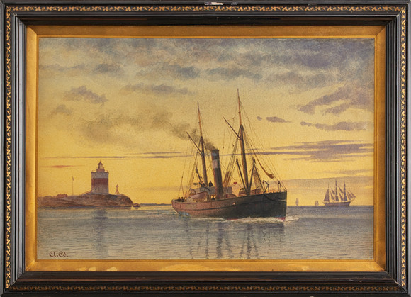Unknown artist (late 19th century). Steamboat at dusk, watercolour ...