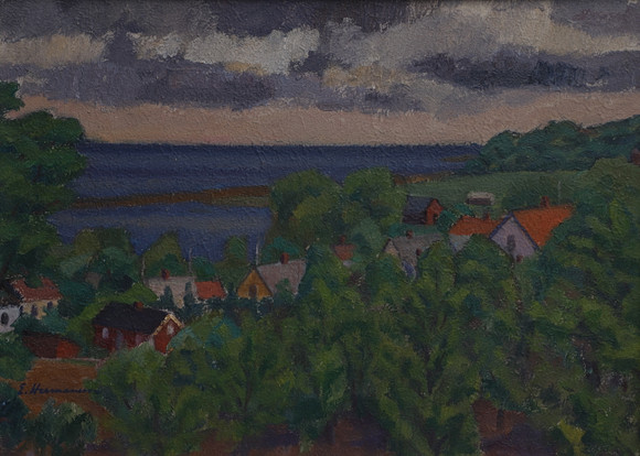 ERIC HERMANSSON. oil on Board, View of the village, Signed. Art ...