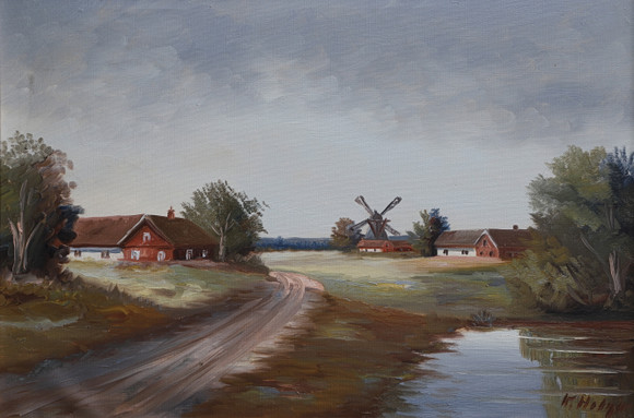 KARL HELGO. olja på duk, landskapsmotiv med kvarn, signerad. Konst ...