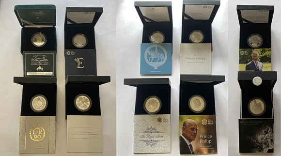 A COLLECTION OF ROYAL MINT ROYALTY THEMED £5.00 SILVER PROOF COINS ...