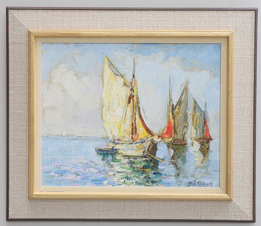 KNUT NORMAN. Olja på pannå, Båtar i hamn, signerad. Konst - Måleri ...