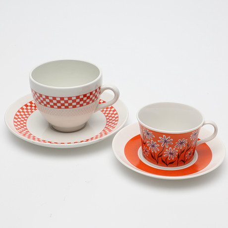 CUP WITH DISH, 2+2, "Kaskad" & "Palma Red", Rörstrand & Gustavsberg ...
