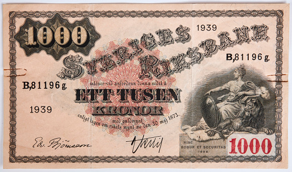 SEDEL, 1000 kr, 1939, Sverige. Mynt, Medaljer & Frimärken - Övrigt ...