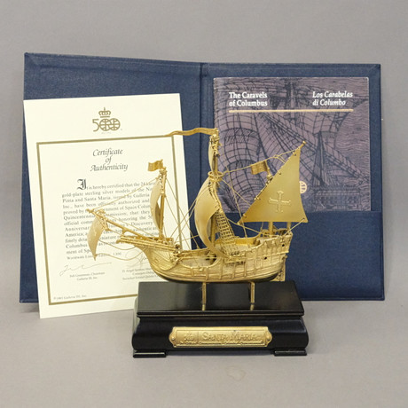 SKULPTUR, FÖRGYLLT SILVER, FÖRESTÄLLANDE SKEPPET SANTA MARIA. Silver ...