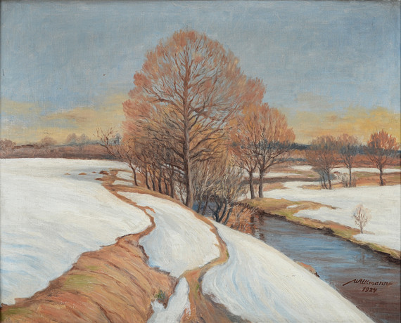 W. ULLMANN. " Wintry landscape with a river ". Oil on canvas. Dating ...