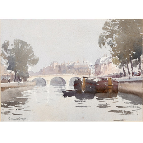 EDWARD SEAGO, RWS (1910-1974). BARGES BY THE PONT ST. MICHEL, PARIS ...