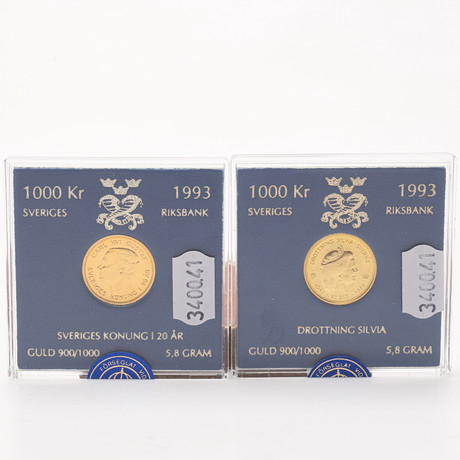 MYNT, 2 st, guld, 1000 kr, Sverige 1993. Mynt, Medaljer & Frimärken ...