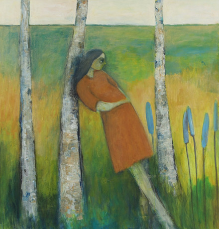 ANNA LINDGREN 1946 - 2015. Olja på duk, flicka lutar sig mot träd ...