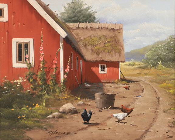 ROALD HANSEN. Gård med höns, olja på duk, signerad R. Hansen. Konst ...