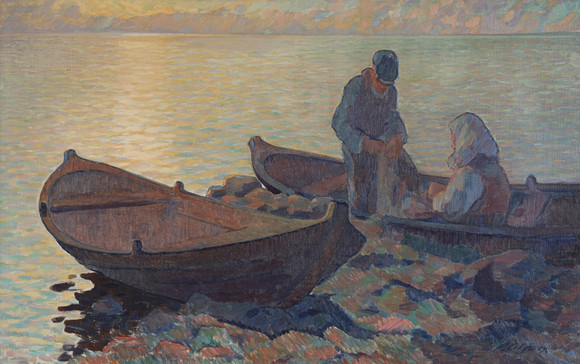 ANDERS OLSON (1880-1955). Coastal landscape with pair of fish in oak ...