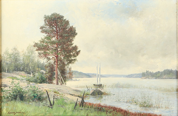 KONRAD SIMONSSON, Olja på pannå, "Sjölandskap". Konst - Måleri - Auctionet