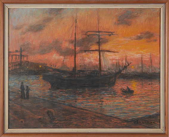 CARL ÅKERMAN. Harbor at dusk, pastel, signed and dated -19. Art ...