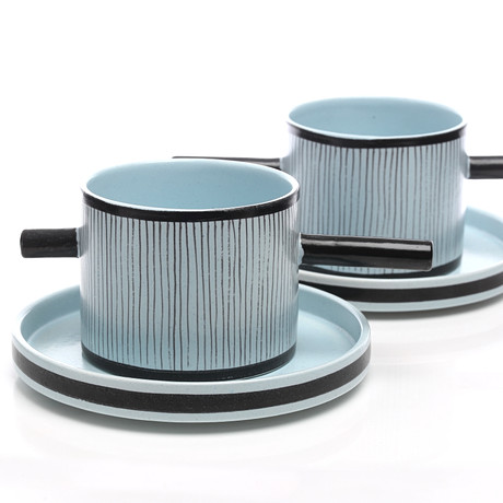 STIG LINDBERG. TEA CUPS with DISH, 1 pair, faience, "Bruk ...