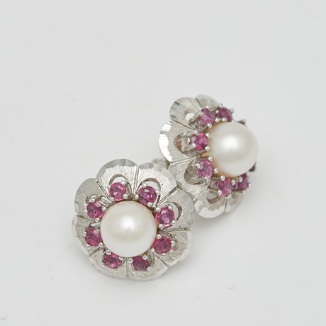 Par 585 vitt guld Akoya pärlor rubiner Stud örhängen. Smycken ...