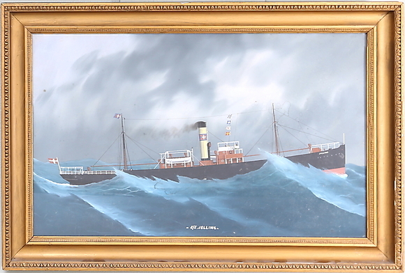 OIDENTIFIERAD KONSTNÄR. Ship portrait, S / S Jelling, watercolor ...