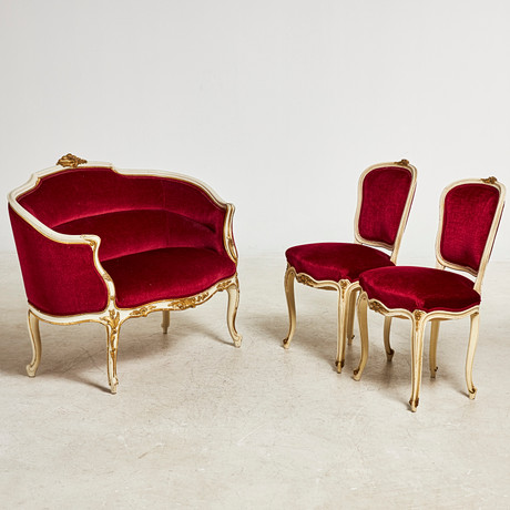 SEATING GROUP, 3 dlr, bathtub sofa and chairs, rococo style, white ...
