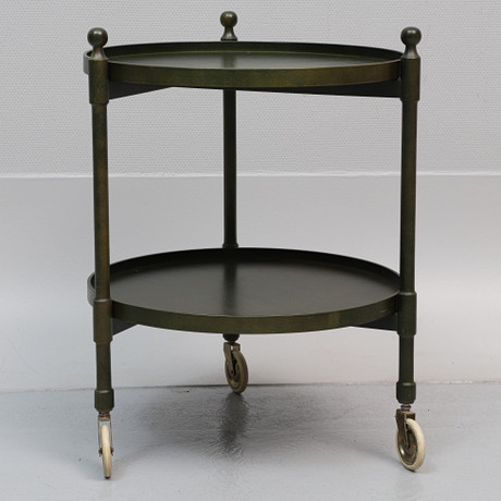 SERVING TROLLEY/ TRAY TABLE on wheels, green stained wood, probably DS ...