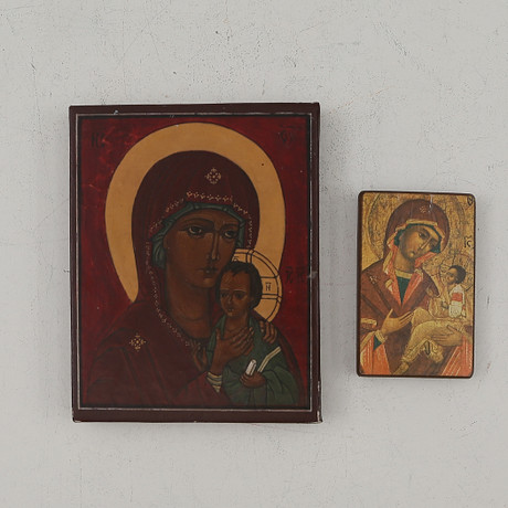 IKONER 2 st, tryckt/handmålad, 1900-tal. Konst - Övrigt - Auctionet