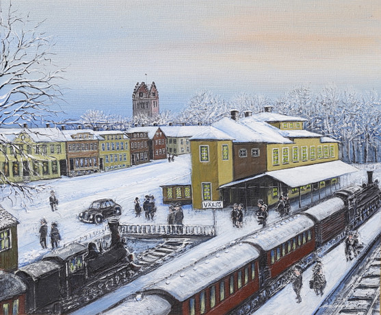 HANS LINDGREN. Olja på duk, Järnvägstationen Växjö, signerad. Konst ...