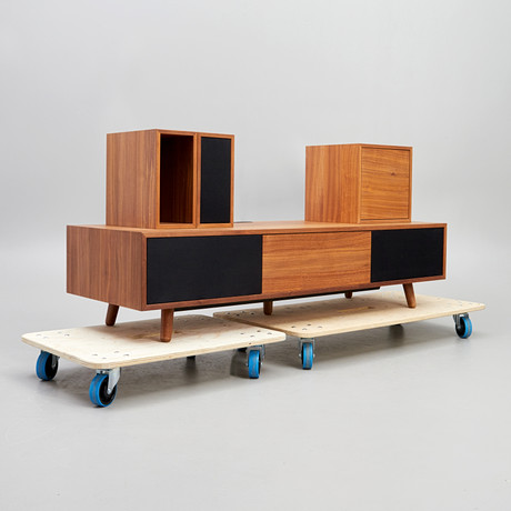 MEDIA BENCH with FREESTANDING STORAGE CABINET and SHELVES, 4 parts ...