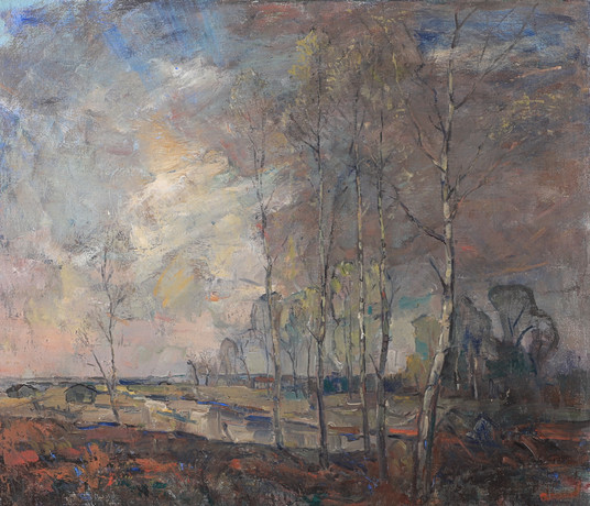 HUGO CARLBERG. Landscape with trees and houses oil on canvas, signed ...