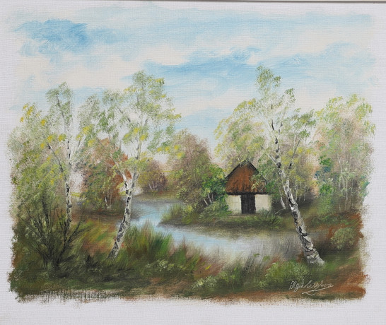 ALGOT LARSSON. oil on canvas, cabin by the stream, signed. Art ...