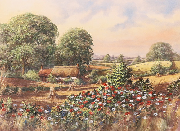 CLIVE PRYKE (BRITISH, 1948-2017). DEVON LÅNGHUS I ETT VALLMOFÄLT (2 ...