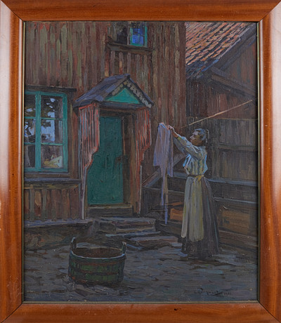 LOTTEN RÖNQUIST. Interior de granja con mujer tendiendo ropa, óleo ...