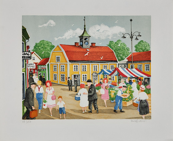 BERT-HÅGE HÄVERÖ. Stora torget Norrtälje, color lithograph, signed and ...
