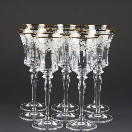 VINGLAS/CHAMPAGNEGLAS, 8 st, med etsad dekor och guldkant, 1990-tal ...