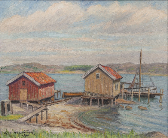 HUGO JOSEPHSSON (1877-1967). Sjöbodar, Nordkoster, oil on canvas. Art ...