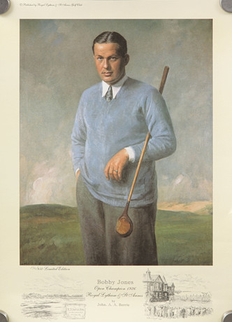 POSTER, depicting Bobby Jones, issued by Royal Lytham & St Annes Golf ...
