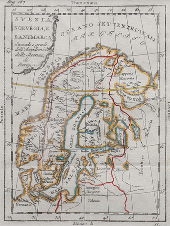 MAPA DE ESCANDINAVIA, grabado en cobre coloreado, siglo XVIII, de la ...