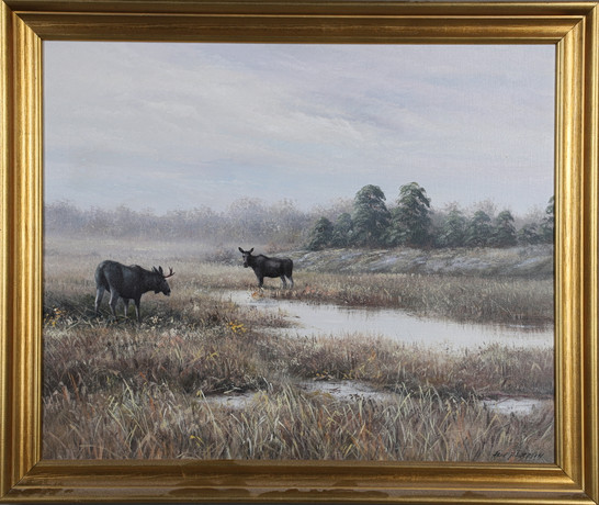 ARNE ANDERSON. Oil on canvas, "Moose in misty landscape", signed. Art ...