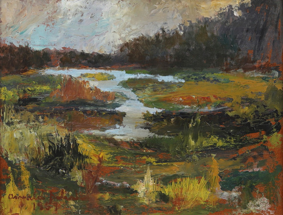 OSVALD SCHALIN (1898-1975). Landskap med vattendrag, olja på pannå ...