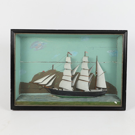 DIORAMA, 3-mastat segelfartyg, trä/glas, 1800/1900-tal. Övrigt ...