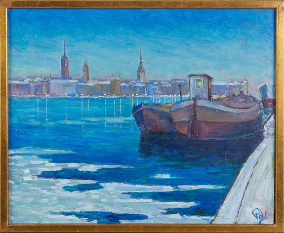 PAUL PIHL. Vy mot Gamla stan, Stockholm, olja på pannå, signerad Pihl ...
