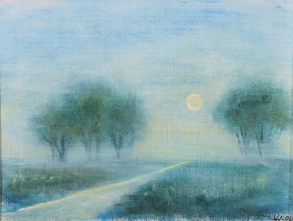 OIDENTIFIERAD KONSTNÄR. Landskap med sol, olja på duk, otydligt ...