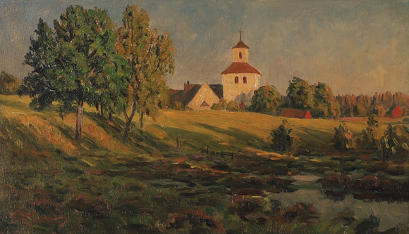 PETER ADOLF PERSSON. Landskap med kyrka, olja på pannå, signerad P.A ...