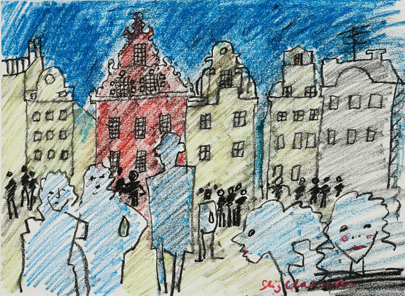 STIG (SLAS) CLAESSON. Folkvimmel Gamla stan - Stockholm, signerad Stig ...