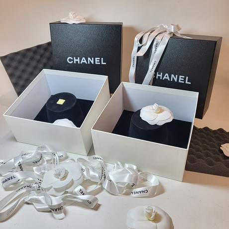 TWO CHANEL BOXES, RIBBONS AND CAMELLIAS IN FABRIC. Vintage & Designer ...