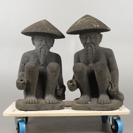 A PAIR OF INDONESIAN CARVED BASALT SEATED FIGURES. Furniture - Garden ...