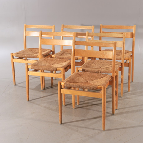 VIDAR MALMSTEN. Stolar, 6 stycken, "Kaj", björk med snörsits. Möbler ...