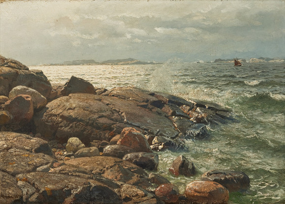 HANS FREDRIK GUDE (1825-1903). Rocks and waves, oil on canvas, 46 x 65 ...